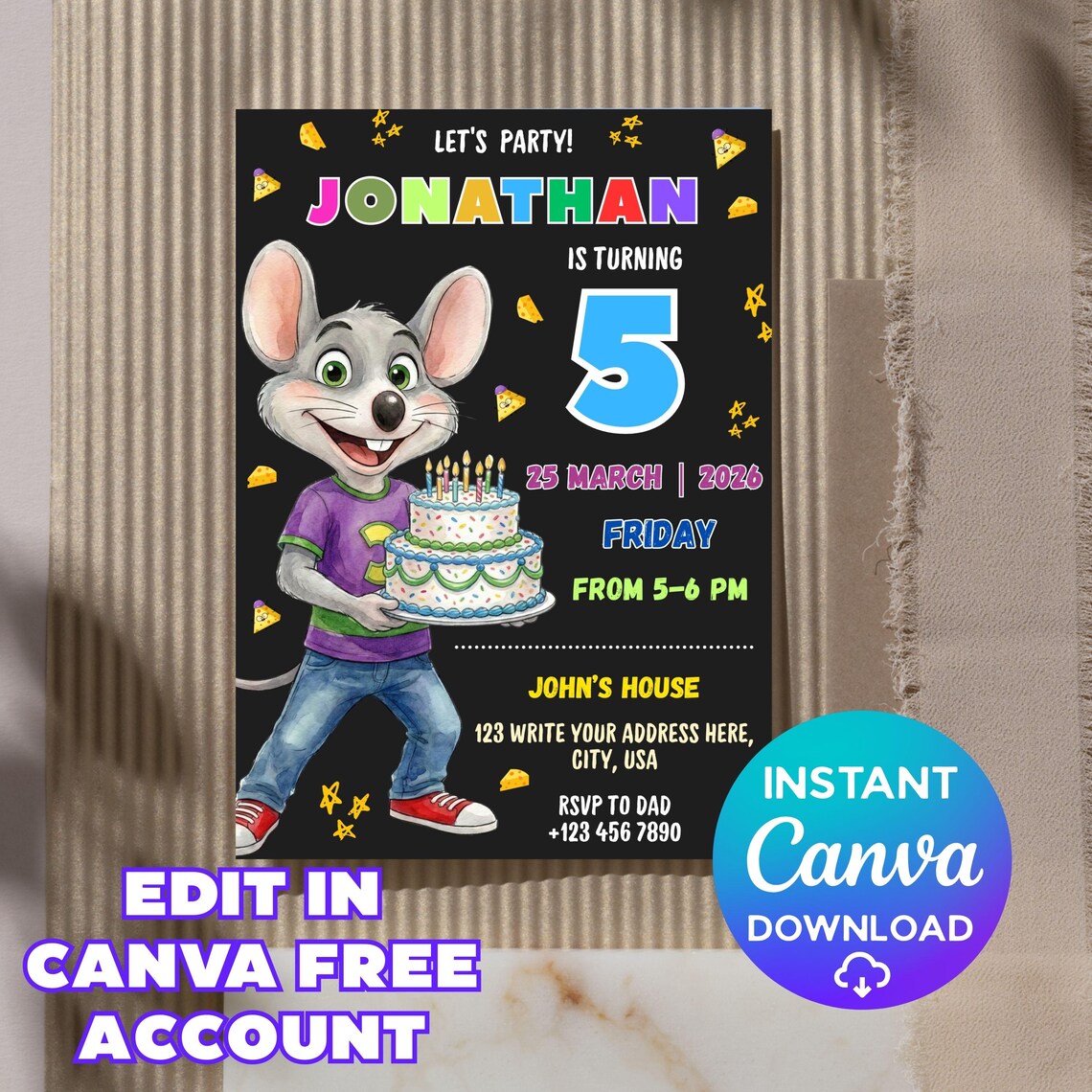 Chuck E Cheese Birthday Invitation, Chuck Evite, Printable Chuck Cheese ...