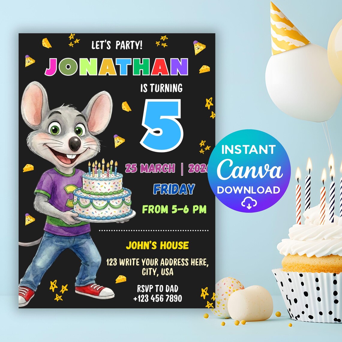 Chuck E Cheese Birthday Invitation, Chuck Evite, Printable Chuck Cheese ...