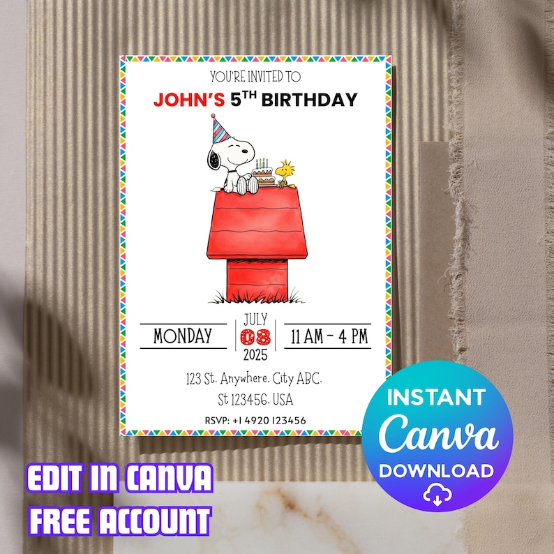 Editable Snoopy Birthday Invitation, Peanuts Birthday Party, Snoopy ...