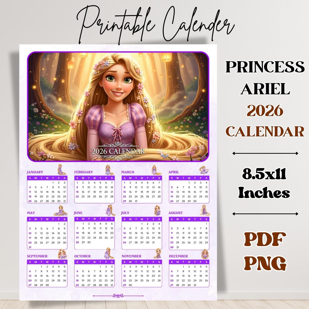 Rapunzel Princess Calendar 2026 Printable One Page Year Calendar ...