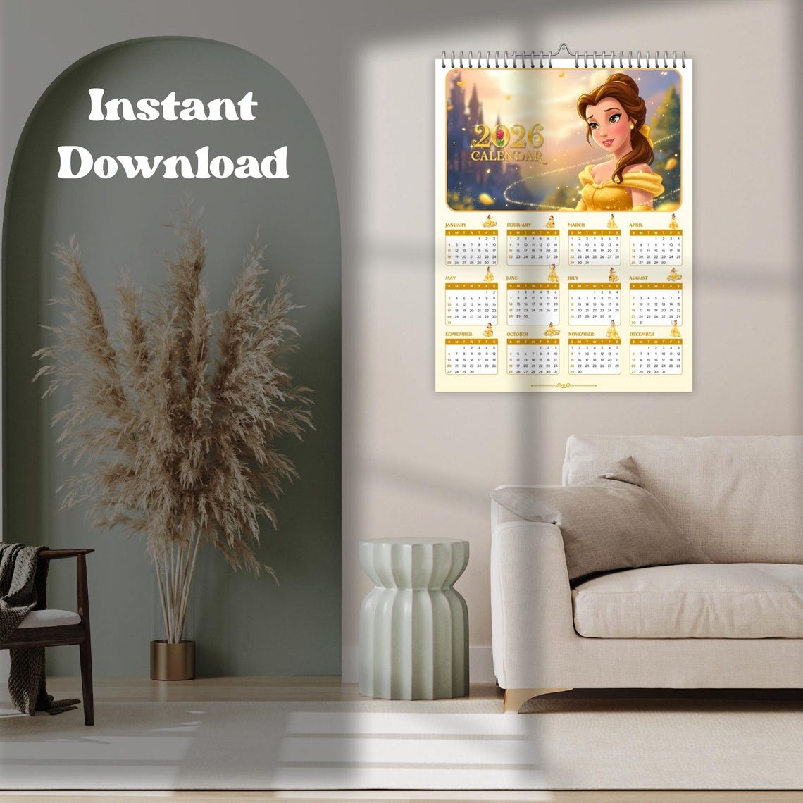 Belle Princess Calendar 2026 Printable One Page Year Calendar Digital ...