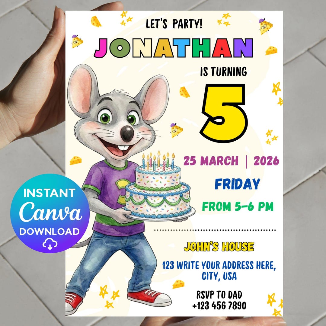 Chuck E Cheese Birthday Invitation, Chuck Birthday Evite, Printable ...