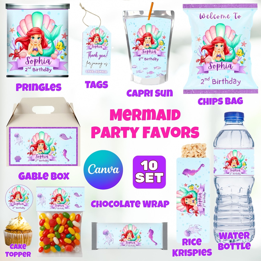 Ariel Birthday Party Favors, Little Mermaid Birthday Labels, Editable ...
