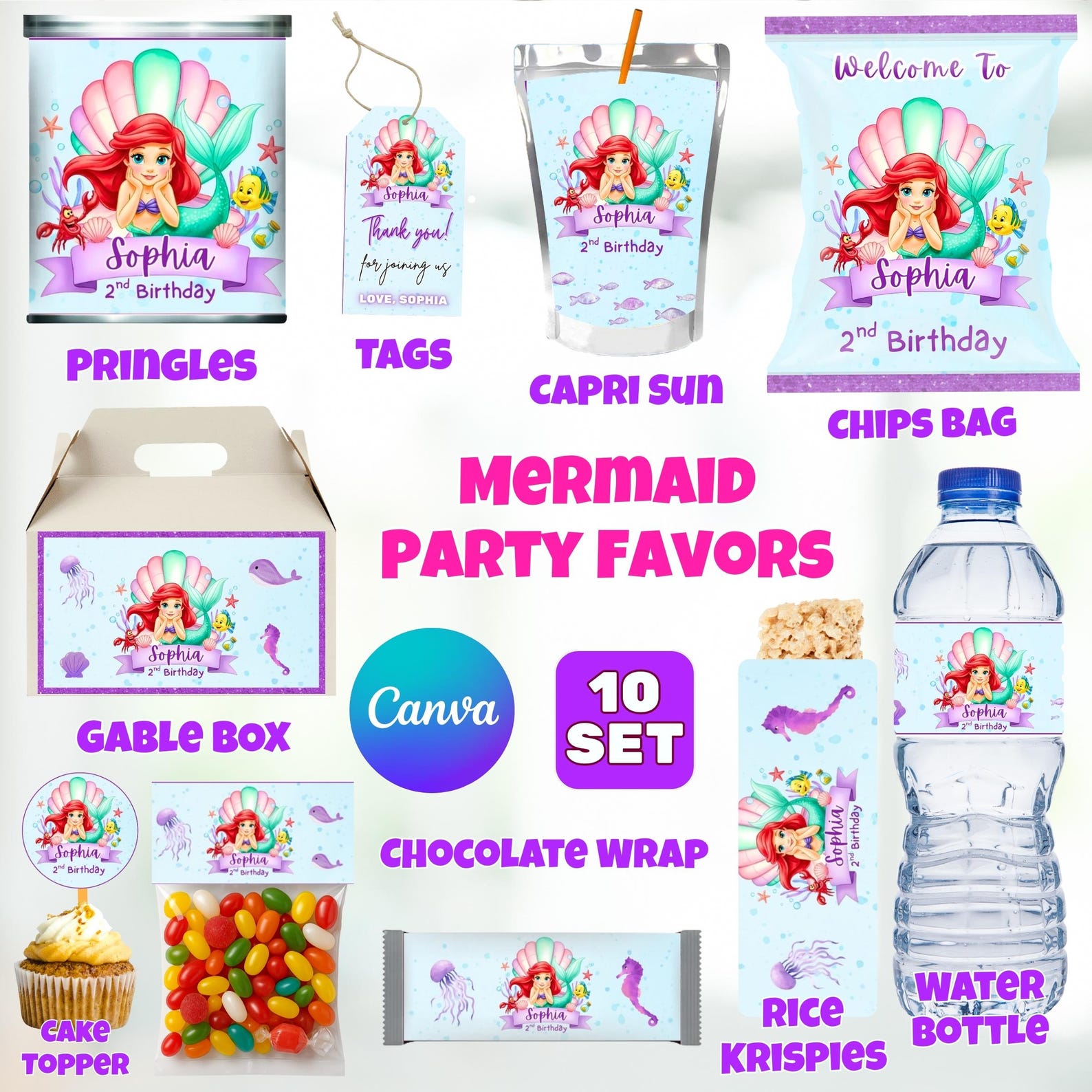 Ariel Birthday Party Favors, Little Mermaid Birthday Labels, Editable ...