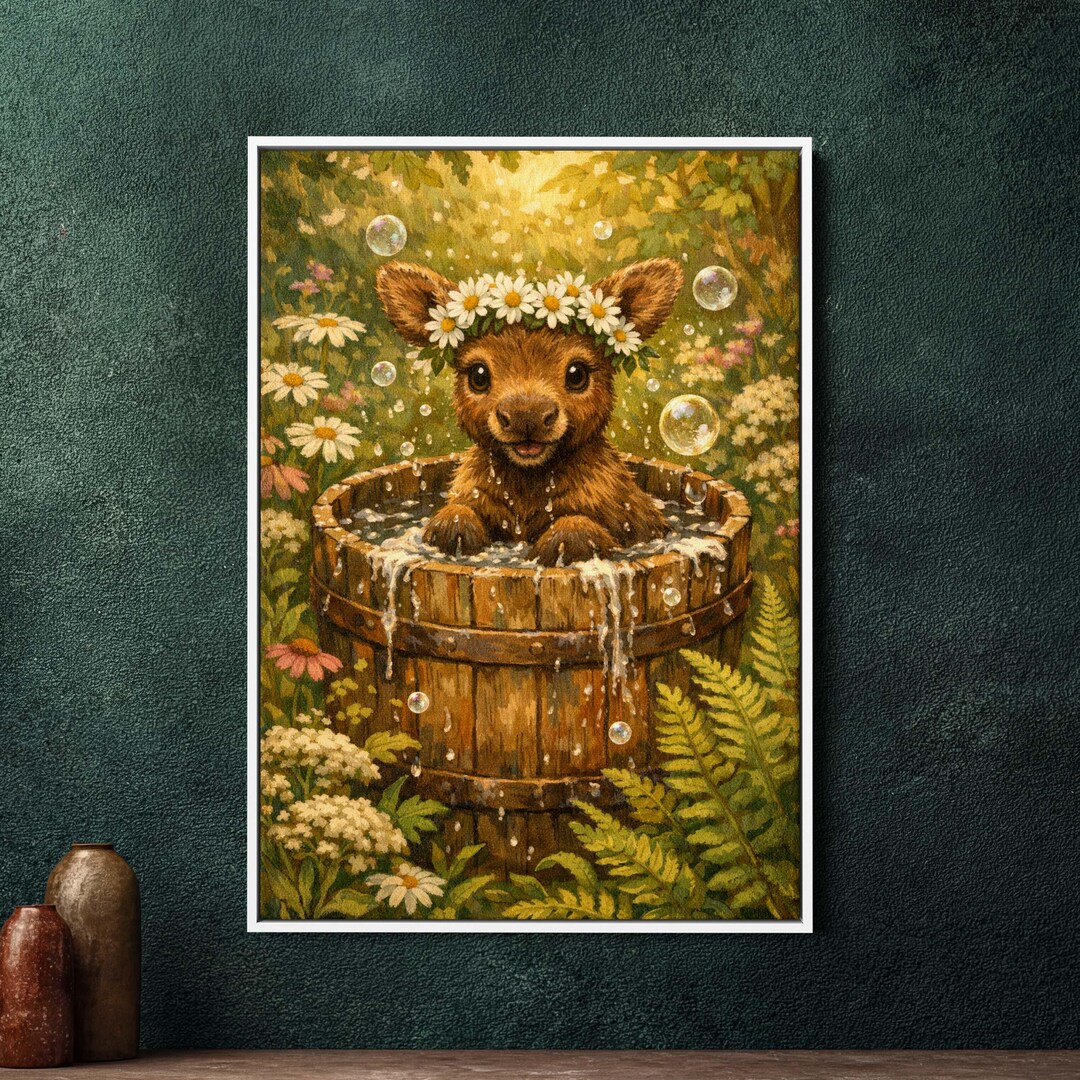 Baby Moose in Rain Barrel Framed Canvas, Whimsical Storybook Wall Art ...