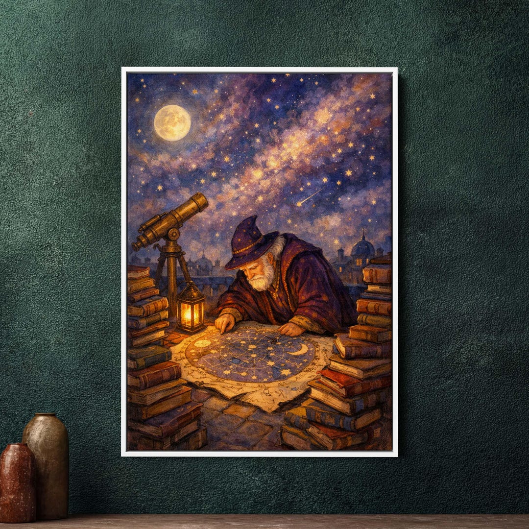Whimsical Astronomer Wall Art, Large Framed Canvas Print, Star Chart ...