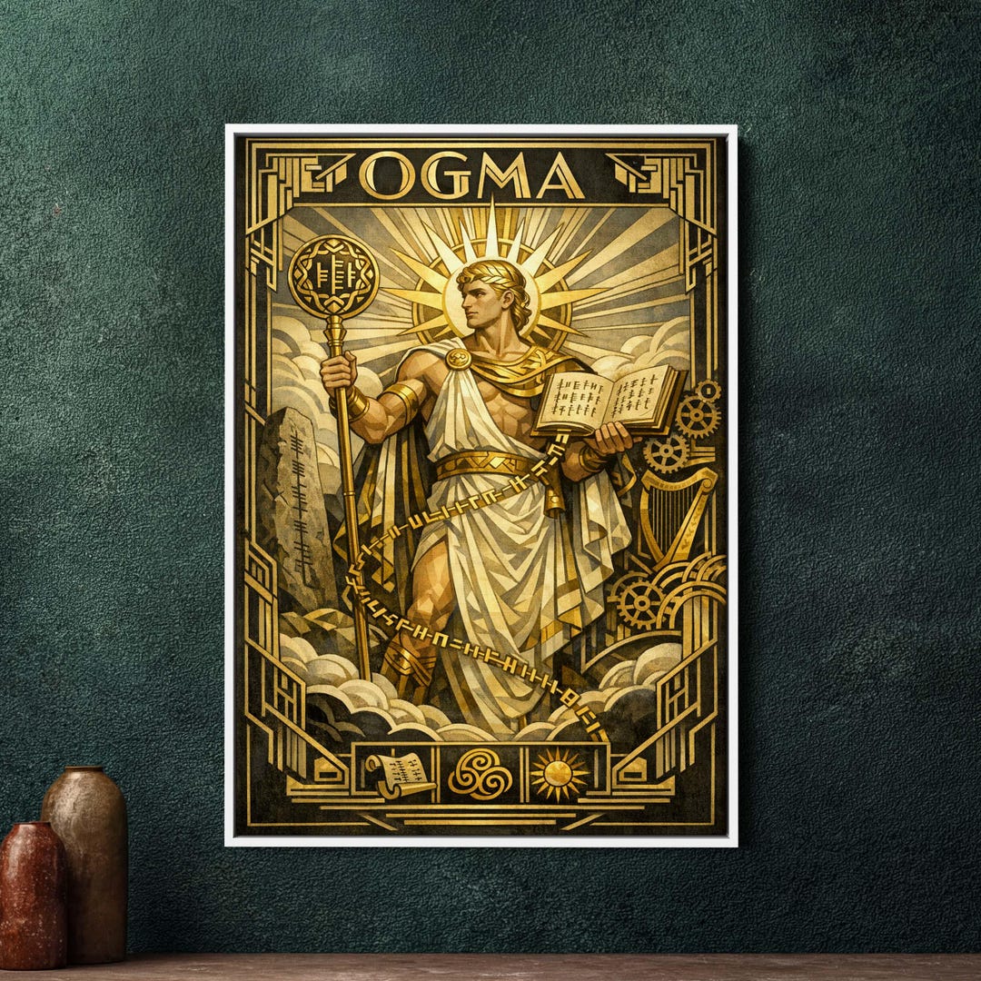 Ogma Celtic God Art Deco Framed Canvas, Large Mythology Wall Art ...