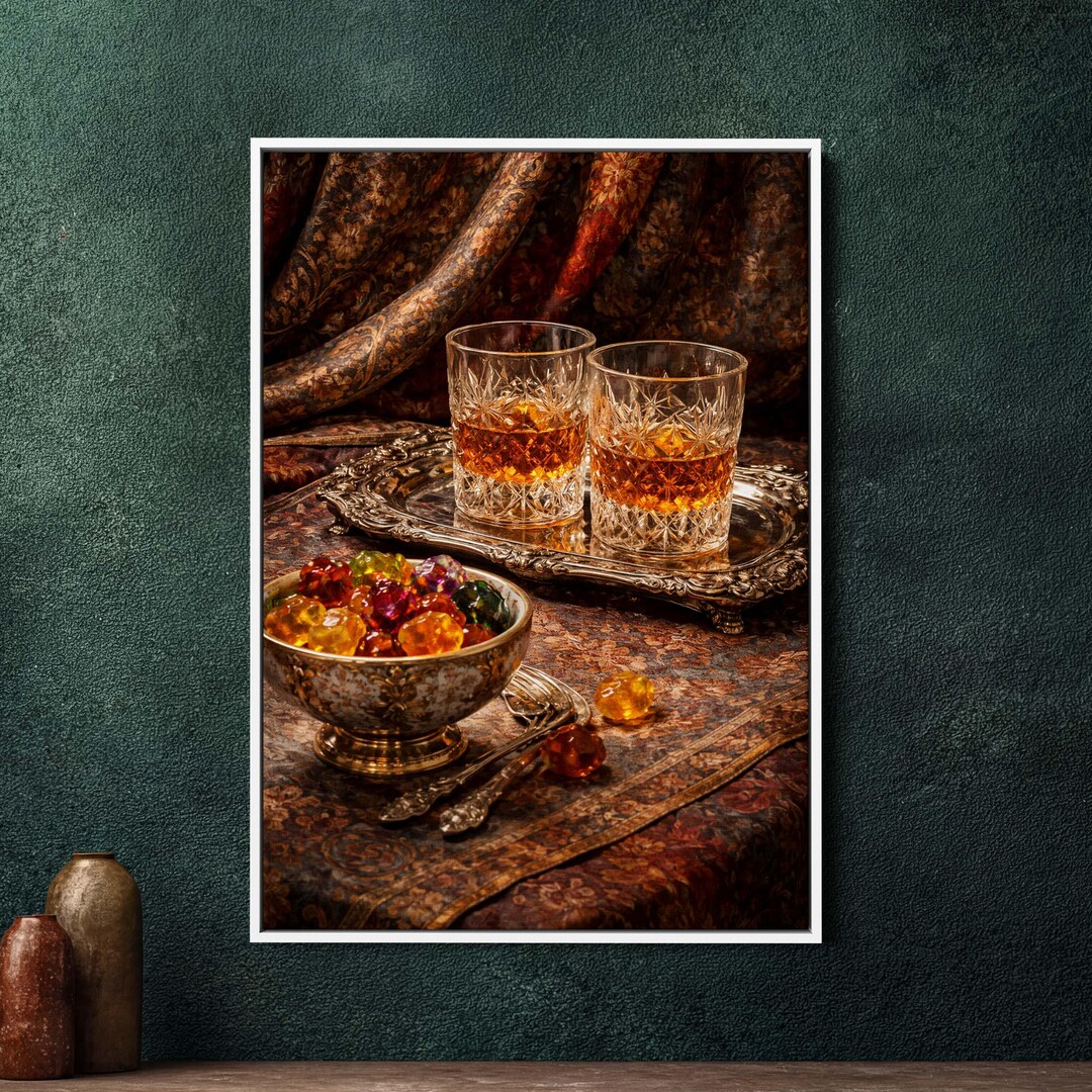 Opulent Crystal Glass & Silver Tray Framed Canvas Wall Art, Large ...