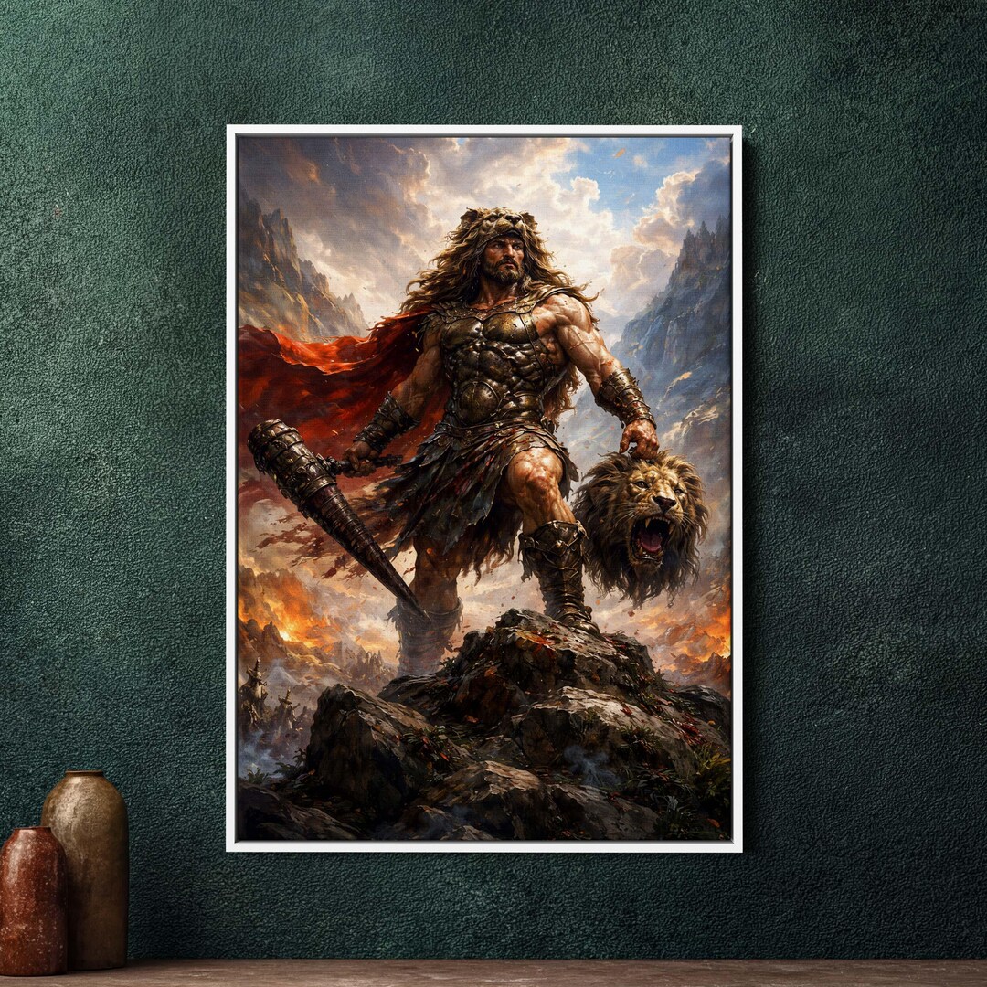 Heracles Greek Mythology Framed Canvas Wall Art, Large Fantasy Warrior ...