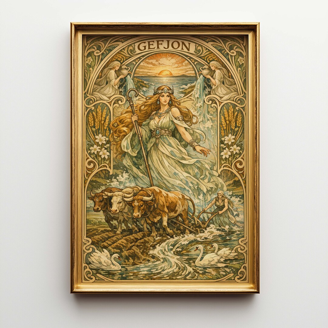 Gefjon Norse Goddess Art Nouveau Big Canvas Wall Art, Large Jugendstil ...