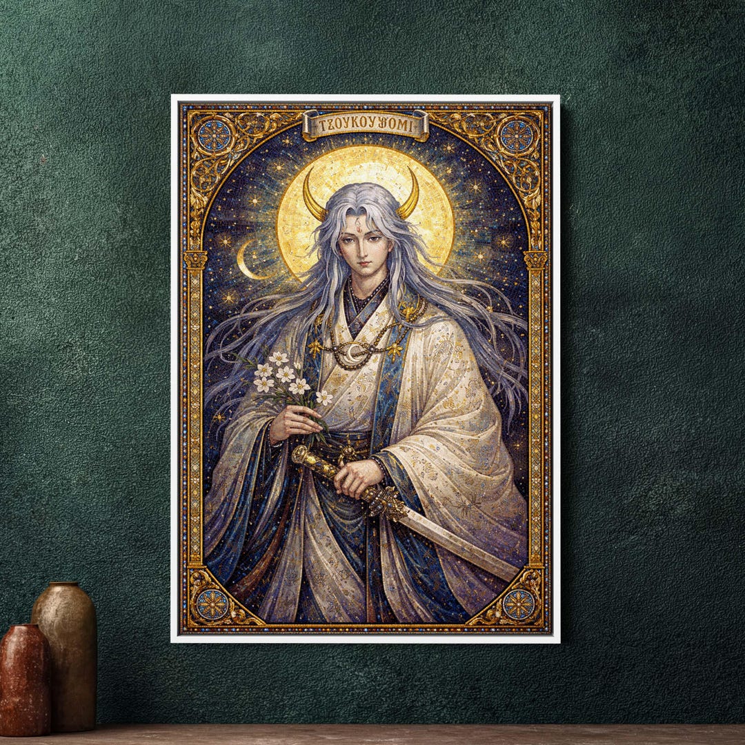 Tsukuyomi Moon God Framed Canvas, Byzantine Icon Mosaic Wall Art, Large ...