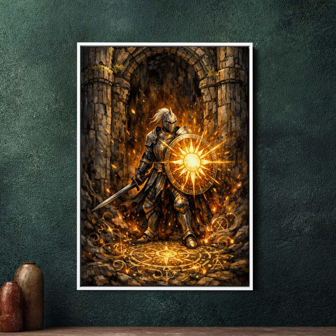 Knight With Solar Shield Framed Canvas Wall Art, Ornate Tarot Card ...