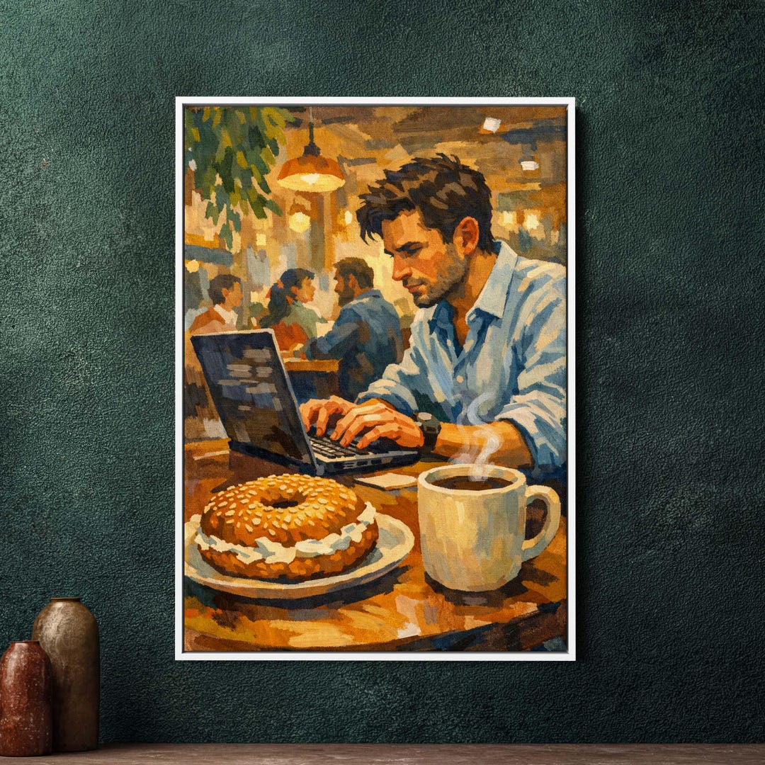 Modern Gouache Journalist in Cafe Wall Art, Large Framed Canvas Print ...