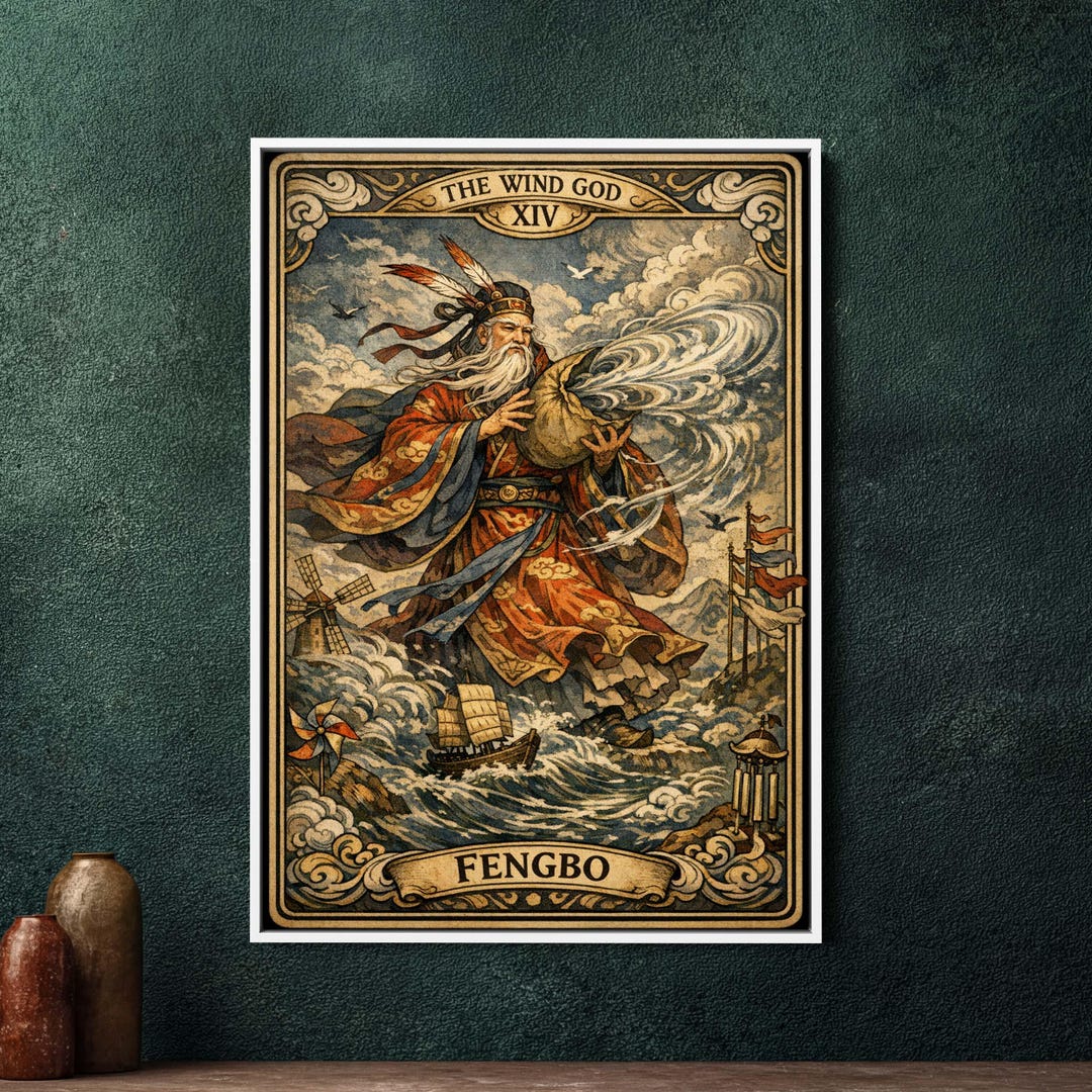 Fengbo Tarot Art Framed Canvas, Chinese Wind God Mythology Wall Decor ...