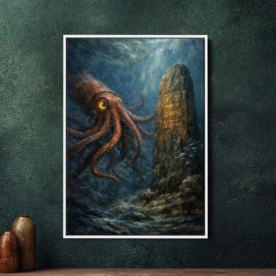 Giant Colossal Squid & Ancient Monolith Framed Canvas Wall Art, Large ...
