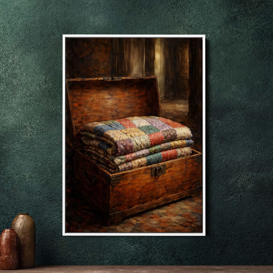 Moody Patchwork Quilt Oil Painting Framed Canvas, Large Rustic Cedar ...