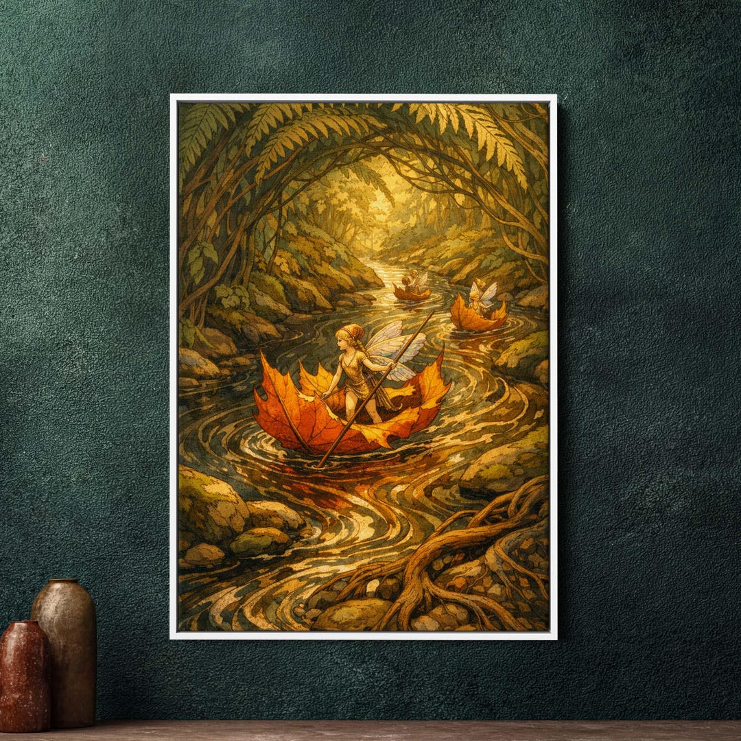 Art Nouveau Sprites Woodland Stream Framed Canvas Wall Art - Whimsical ...
