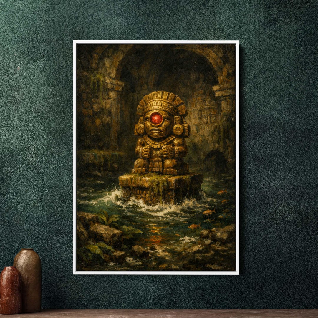 Dark Academia Golden Aztec Idol Framed Canvas Wall Art, Large Moody ...
