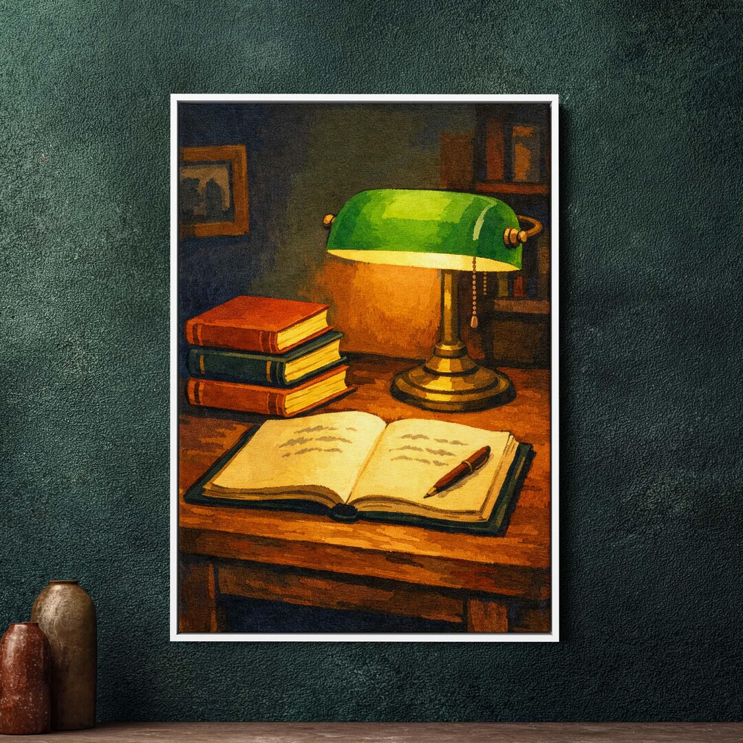 Whimsical Storybook Wall Art, Banker's Lamp and Old Books Framed Canvas ...