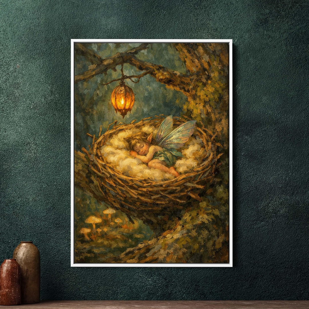 Sleeping Wood Sprite in Nest Framed Canvas Wall Art - Whimsical Fairy ...