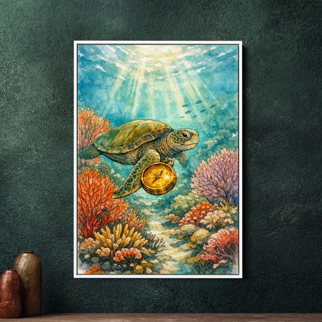 Sea Turtle With Golden Compass Framed Canvas Wall Art, Large Watercolor ...