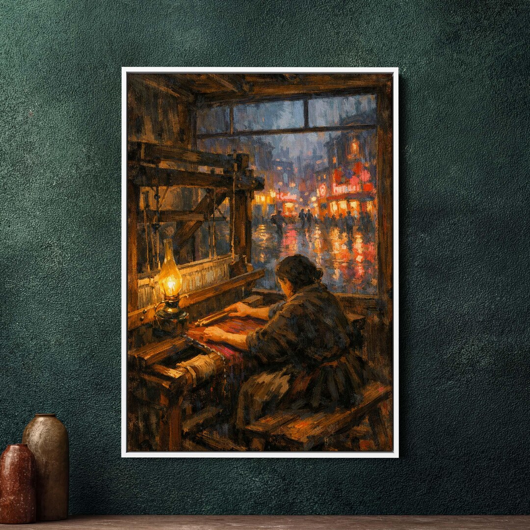 Large Framed Canvas Wall Art - Weaver at Loom in Rainy Neon City ...
