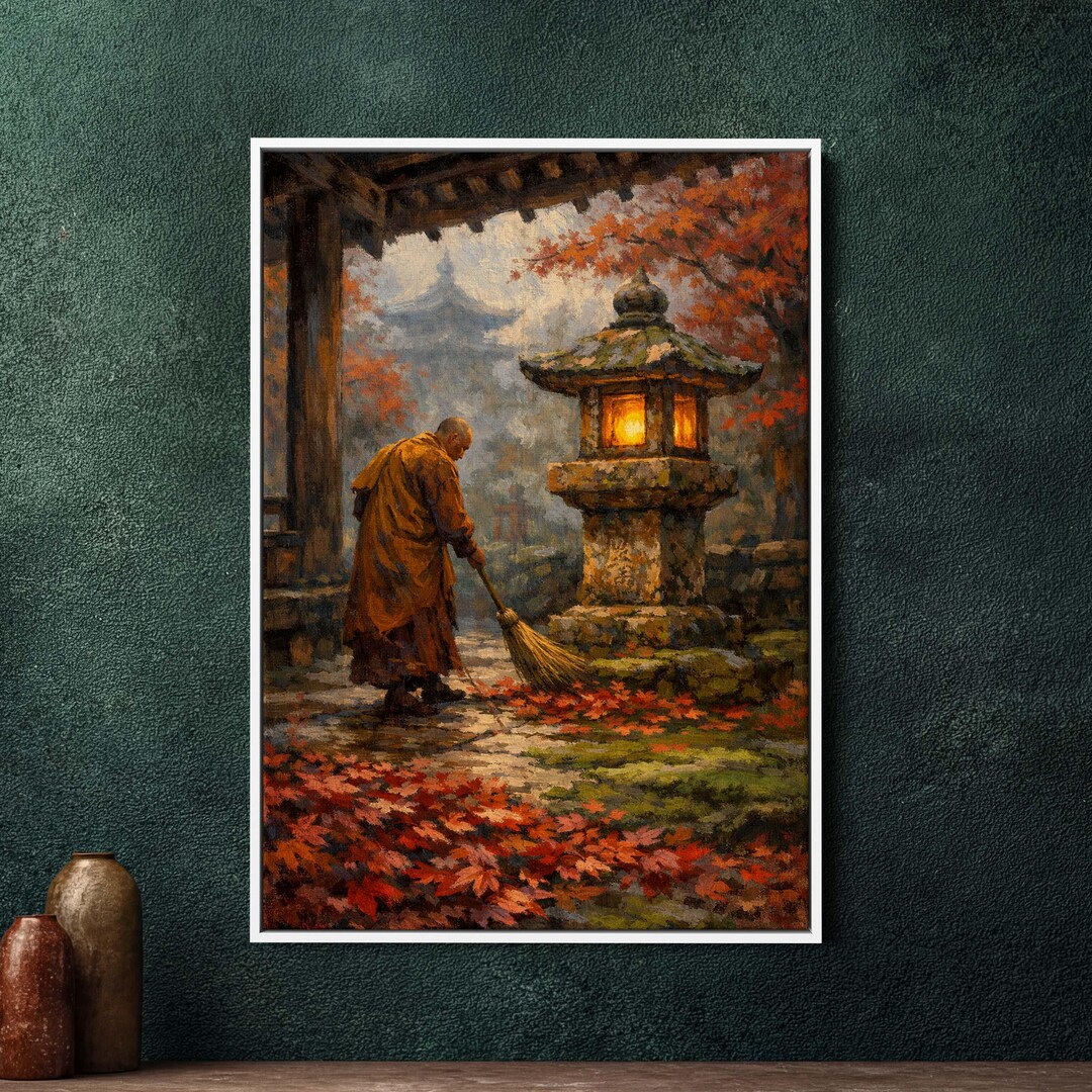 Framed Canvas Wall Art: Japanese Zen Temple Monk Sweeping Autumn Leaves ...