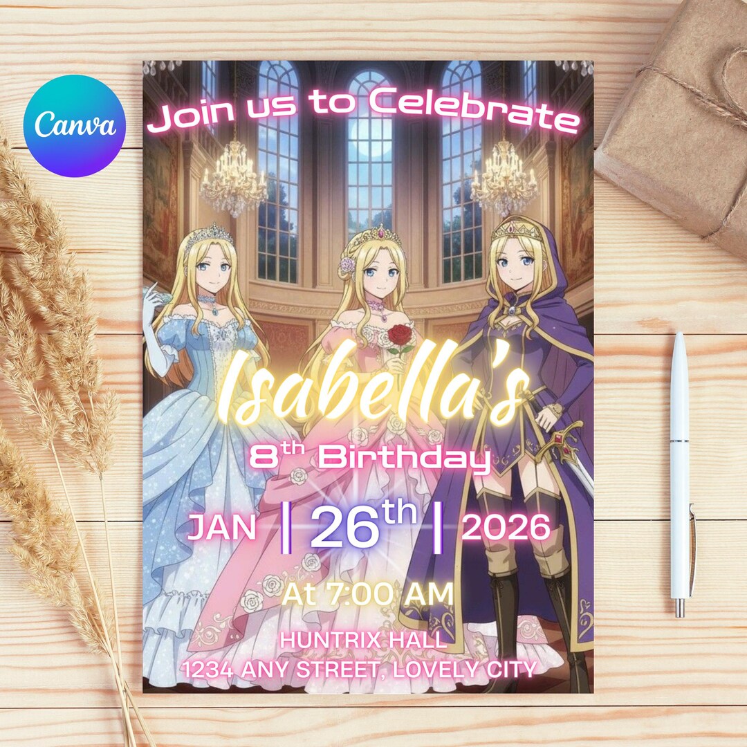 Princess Anime Birthday Invitation, Editable Canva Template, Royal ...