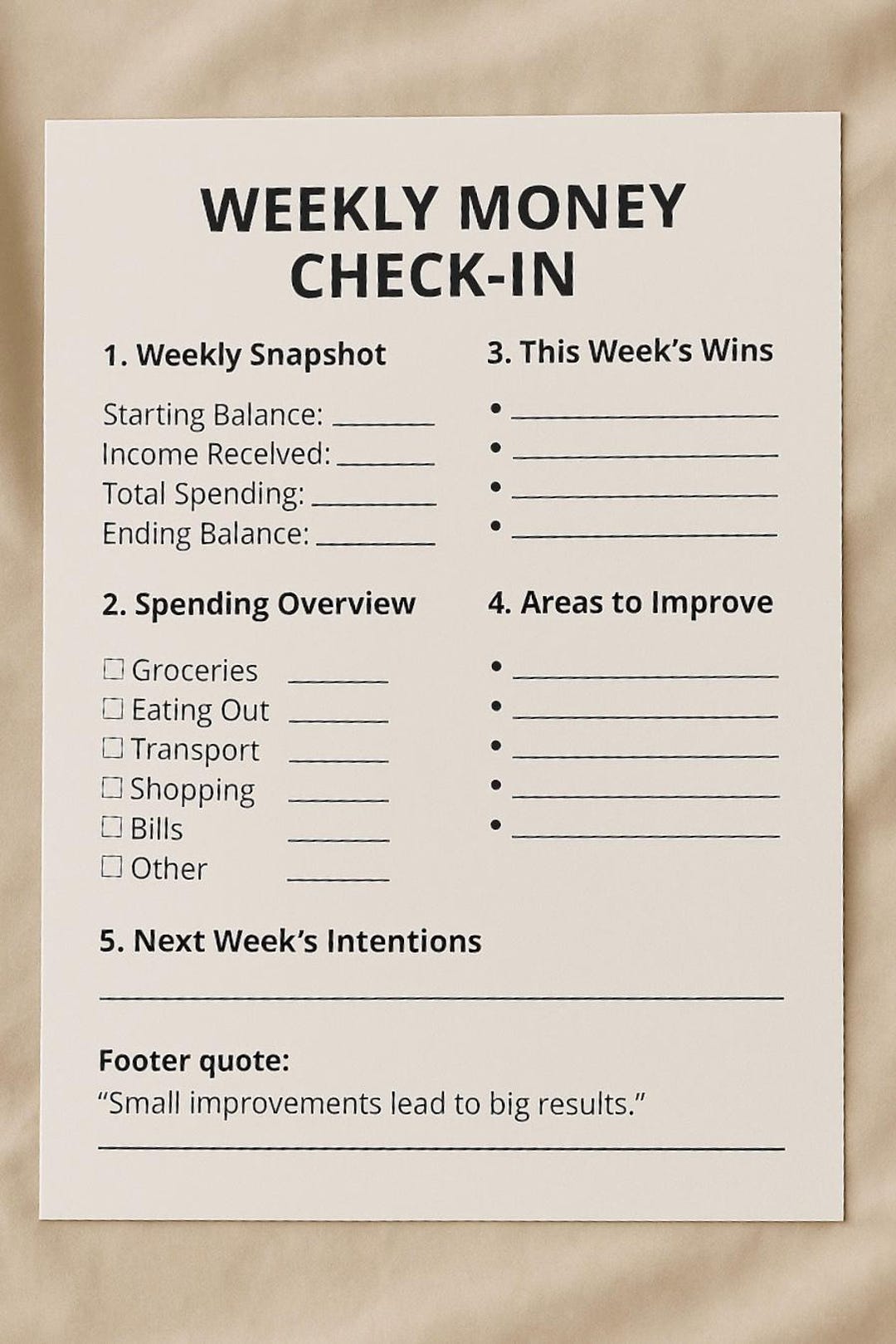 Weekly Money Check-in Printable | Minimal Finance Tracker | Budget ...