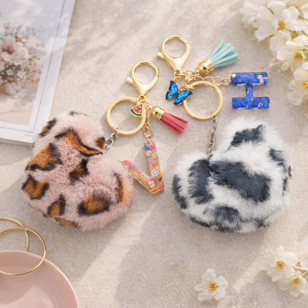 Fluffy Leopard-print Heart Keychains, Custom Initial Bag Charm Resin ...