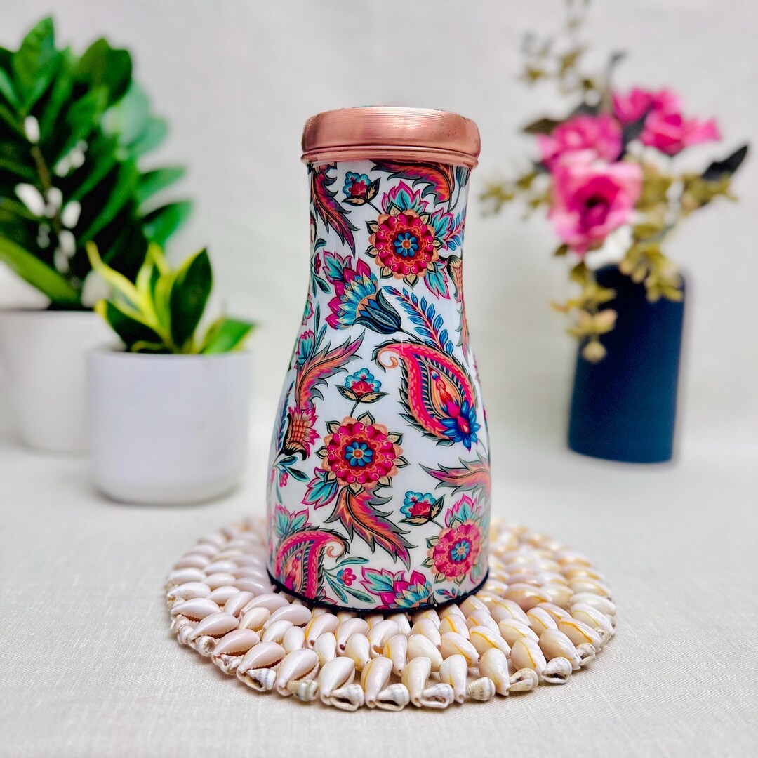 Meena Print Copper Bedroom Bottle Sugar Pot | 32 Fl Oz Copper Water Jar ...