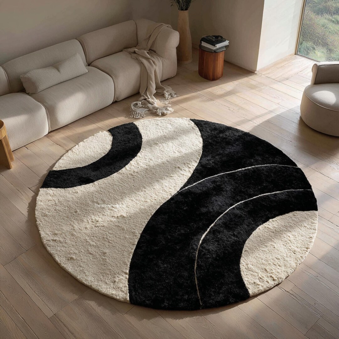 Black White Abstract Round Rug | Modern Curve Design Wool Rug | Hand ...