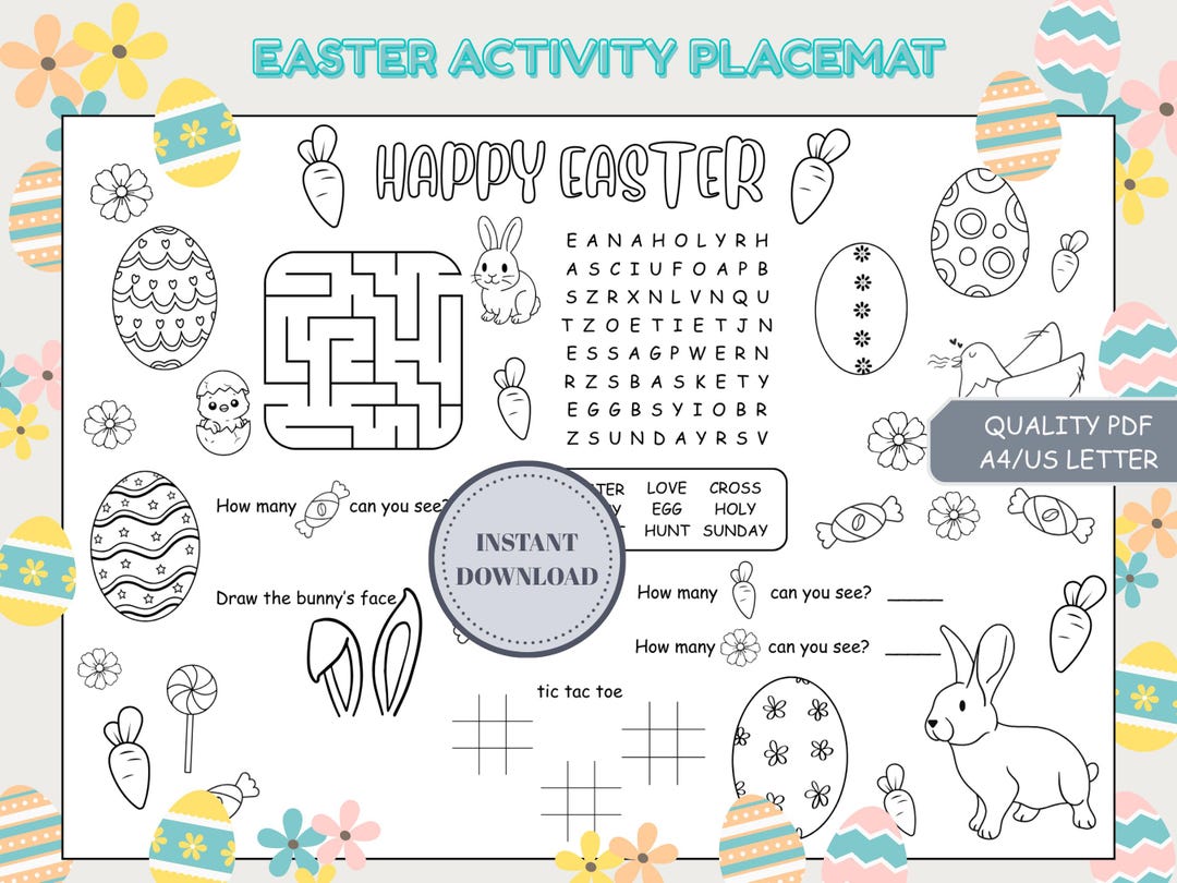 Easter Activity Placemat Printable | Kids Easter Party | Table Coloring ...