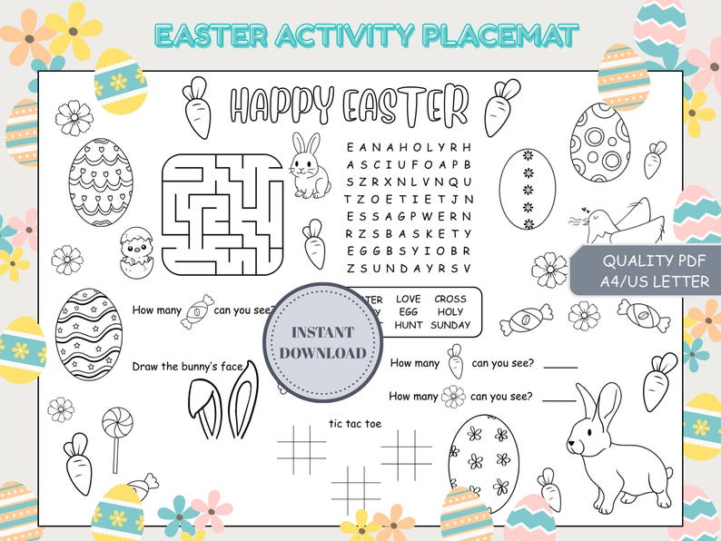 Easter Activity Placemat Printable | Kids Easter Party | Table Coloring ...