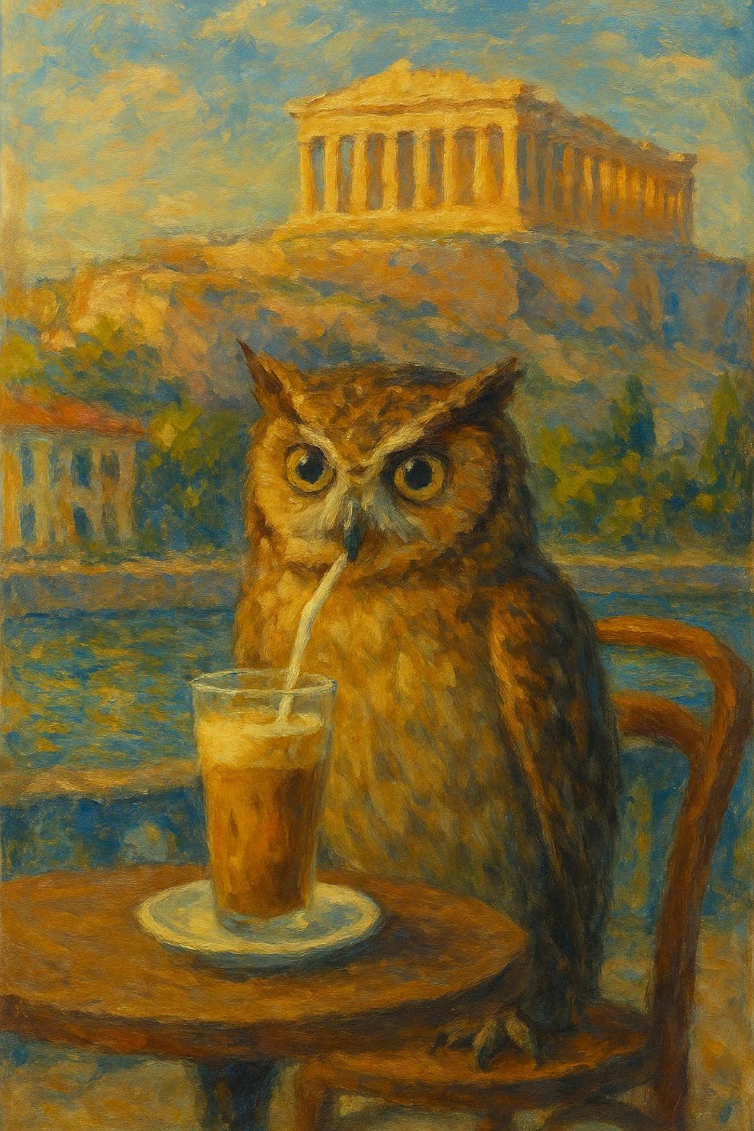 Athens Owl Art Print – Greek Café Scene With Frappe by the Acropolis ...