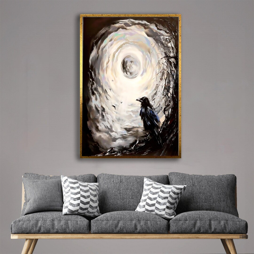 Mystical Raven Under Moonlit Sky Canvas, Surreal Nightscape Wall Art ...