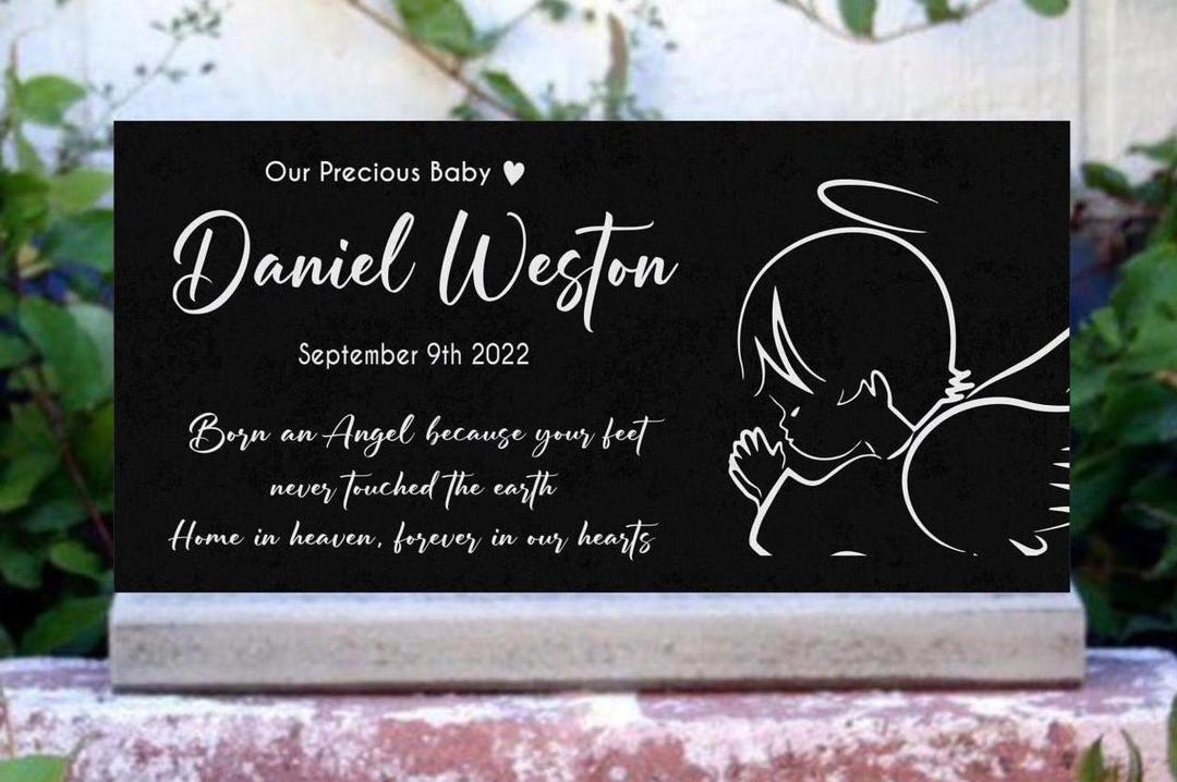 Baby Memorial Headstone / Infant Loss Engraved Plaque / Temporary Black Granite Garden Stone ...
