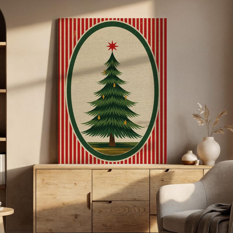 Vintage Christmas Tree Canvas Wall Art, Retro Oval Holiday Illustration ...