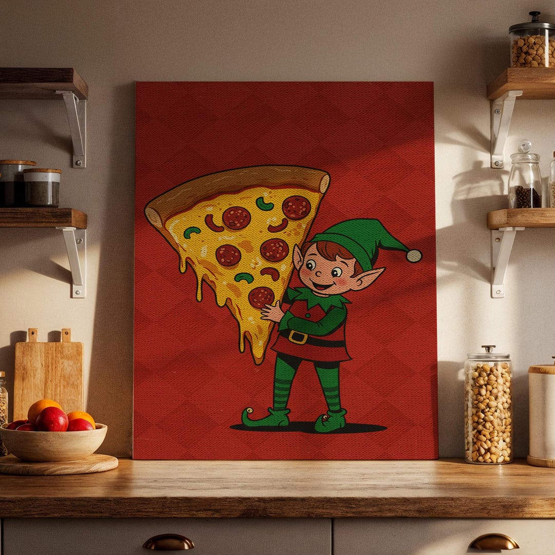 Funny Christmas Elf Pizza Canvas Wall Art, Whimsical Holiday Elf ...