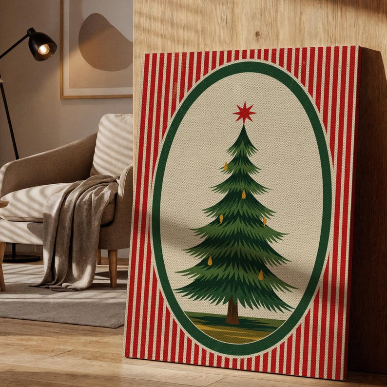 Vintage Christmas Tree Canvas Wall Art, Retro Oval Holiday Illustration ...