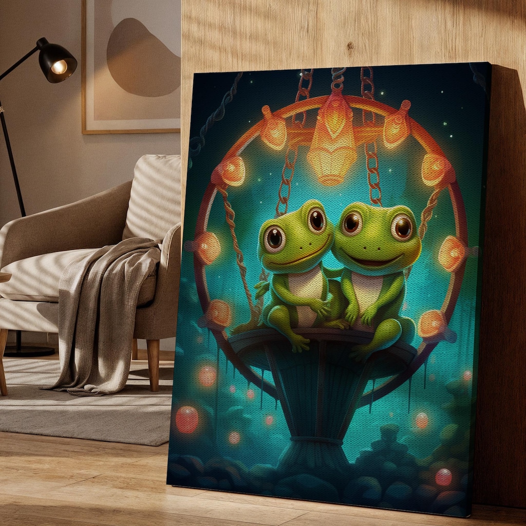 Cute Frog Ferris Wheel Canvas Art, Whimsical Frog Couple Illustration ...