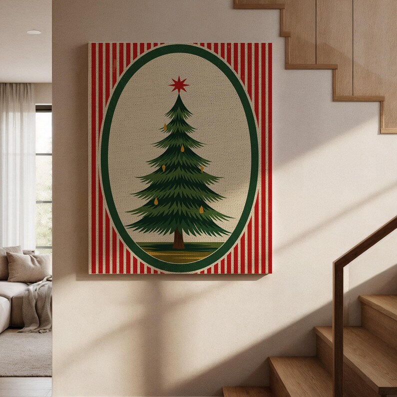 Vintage Christmas Tree Canvas Wall Art, Retro Oval Holiday Illustration ...
