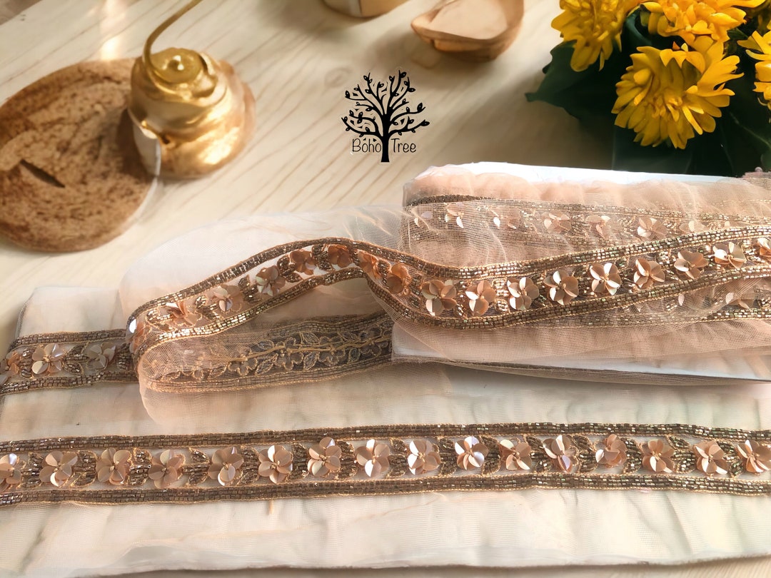Hand Embroidered Golden Indian Trim Fabric Trim/saree Border/wedding ...