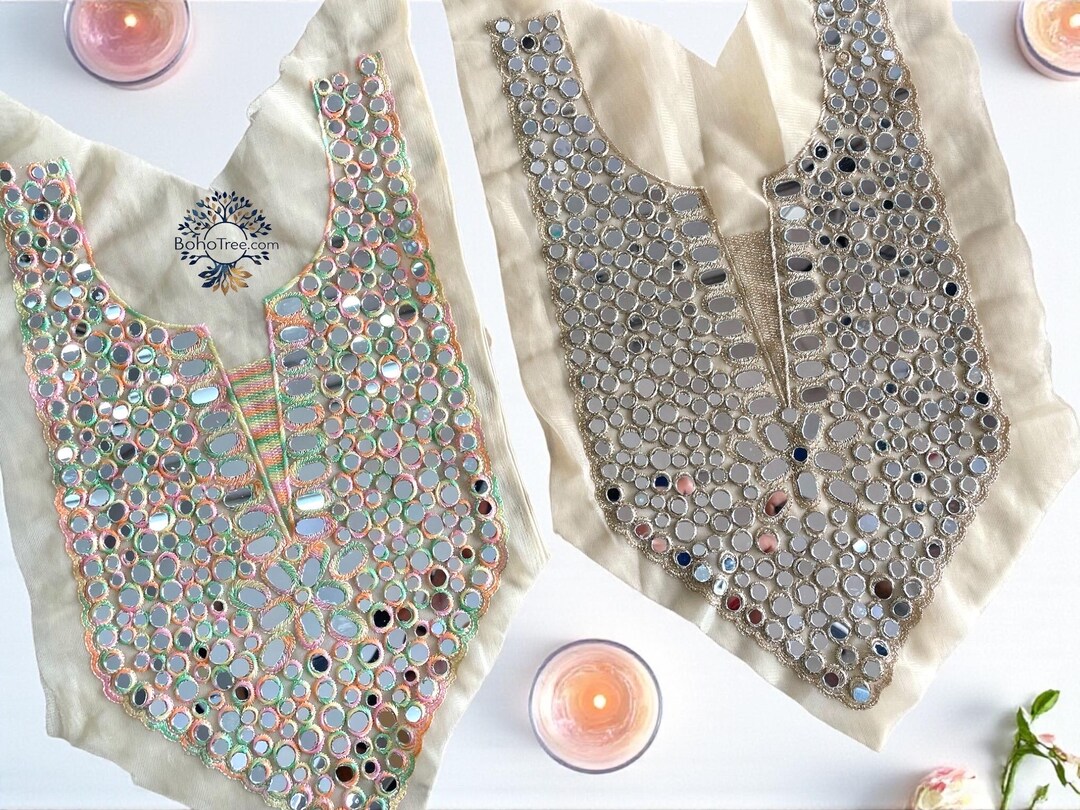 Boho Neck Line Patches With Real Mirrors, Embroidered Neckpiece for DIY ...