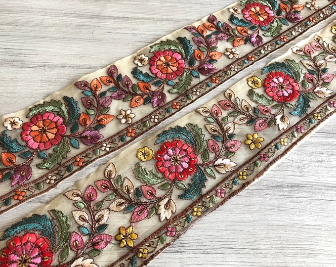 Beige Organza Fabric Trim-multi Colour Embroidered Real Mirror Sari ...