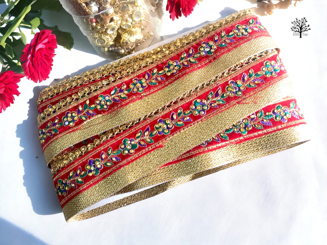 Gold Fabric Trim Embroidered Trim-indian Sari Fabric Trim Saree Border ...