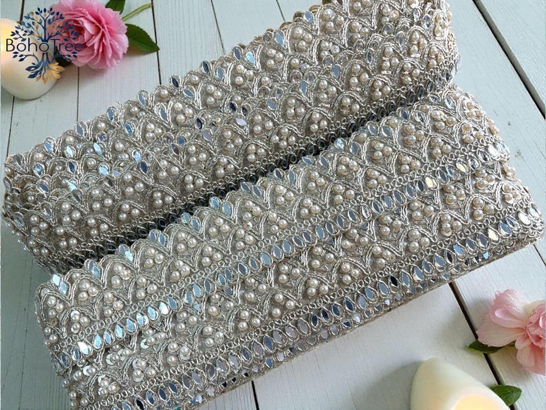 Beaded Net Fabric Trim With Real Mirrors-multi Colour Embroidered Sari ...
