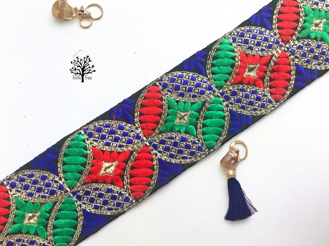 Bohemian Multi Colored Embroidered Trim- Embroidered Silk Sari Border ...