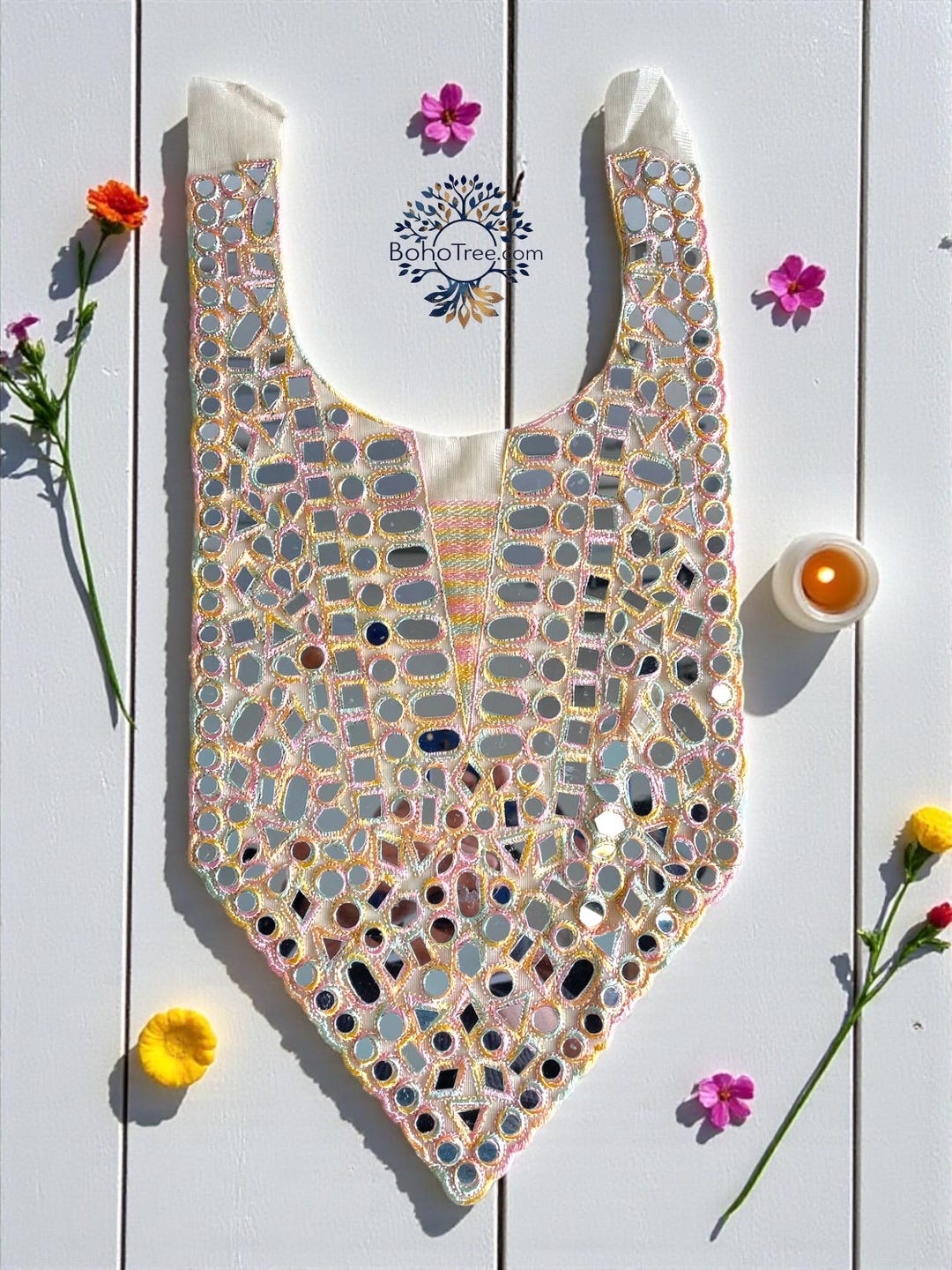 Boho Neck Line Patches With Real Mirrors-embroidered Neckpiece for DIY ...