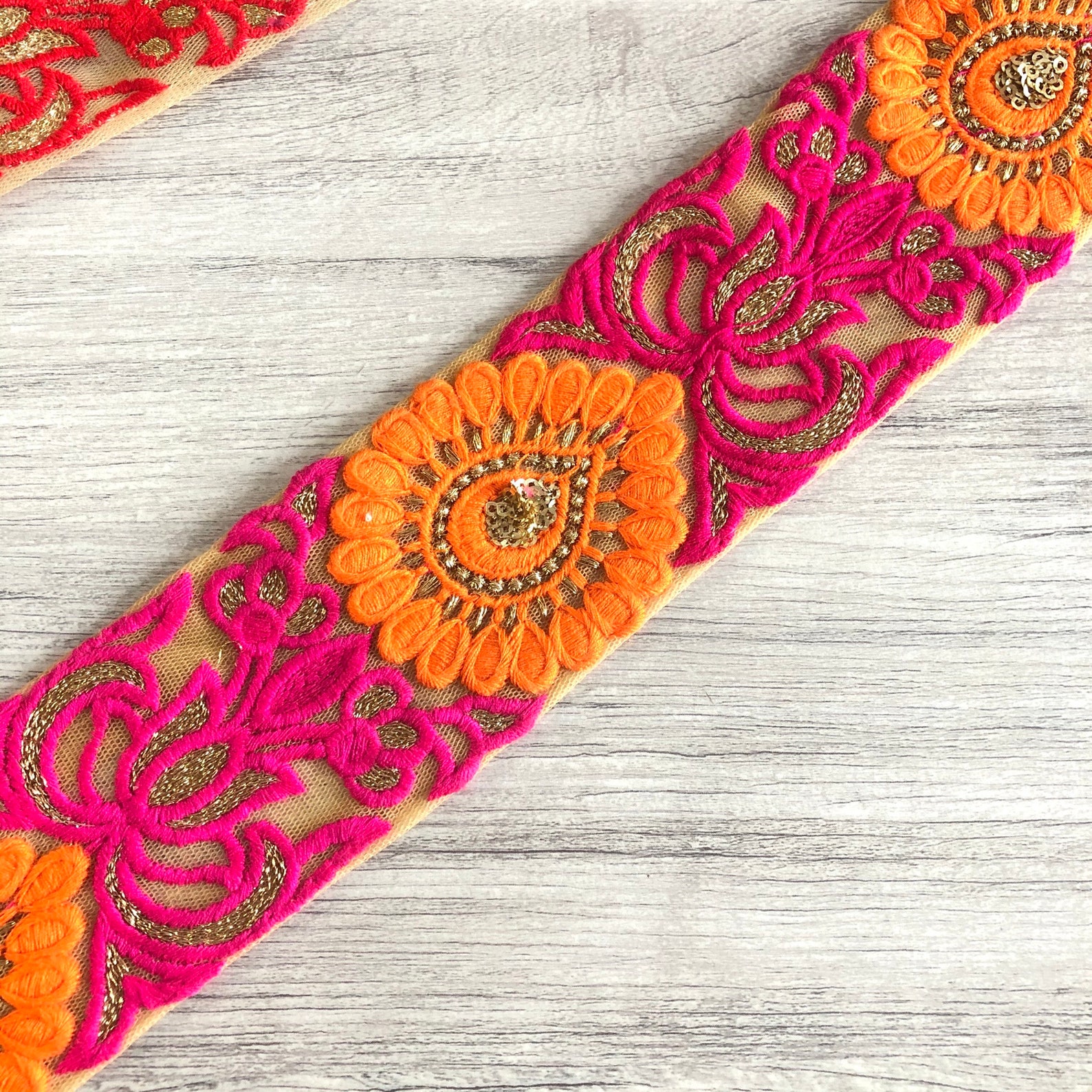 Beige Net Fabric Ribbon-multi Colored Embroidered Trim-sari - Etsy